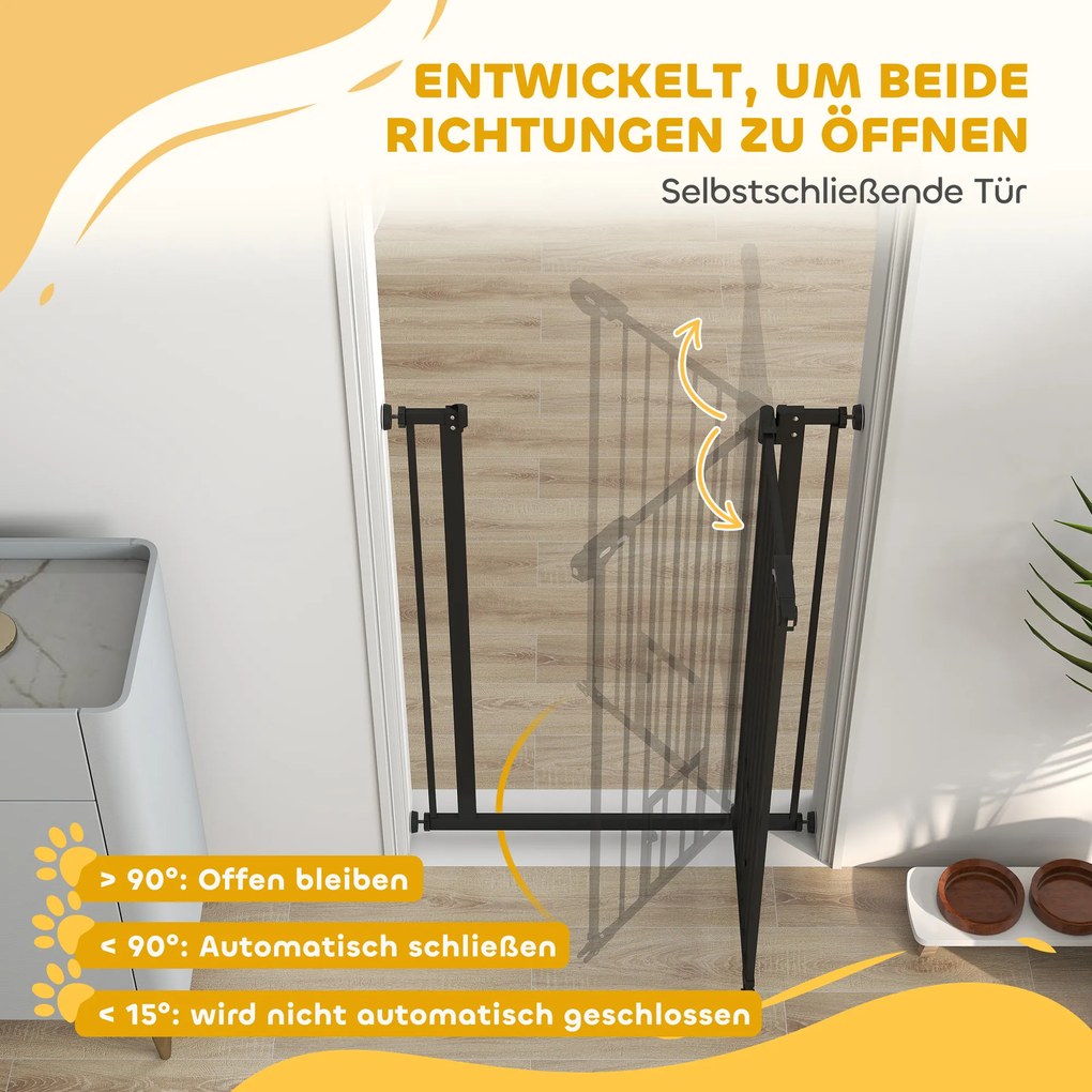 Dveřní mříž PawHut pro psy s dvojitým zámkem, nastavitelná délka 74-80x104cm, automatický zámek dveří, montáž bez vrtání, černá