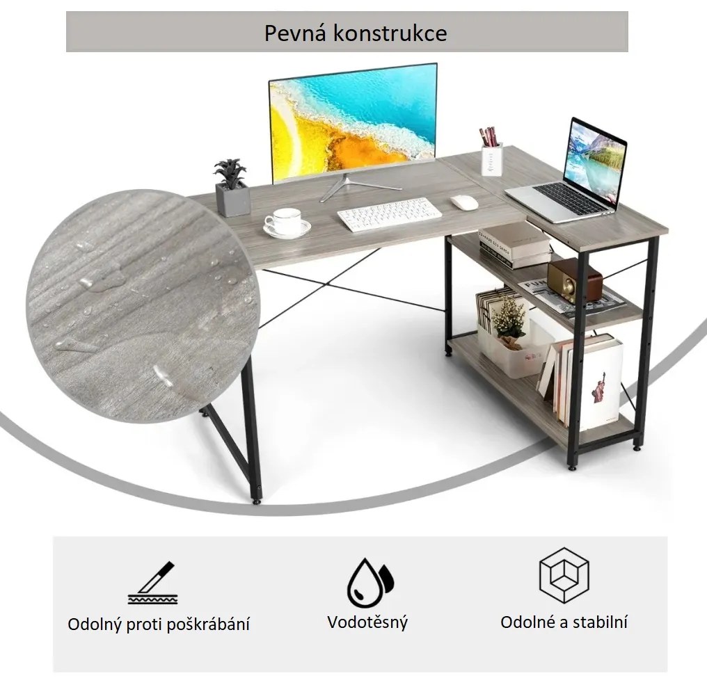 Rohový kancelářský PC stůl tvaru L s policemi, šedý, 120 x 88 x 74,5 cm CB10121GR