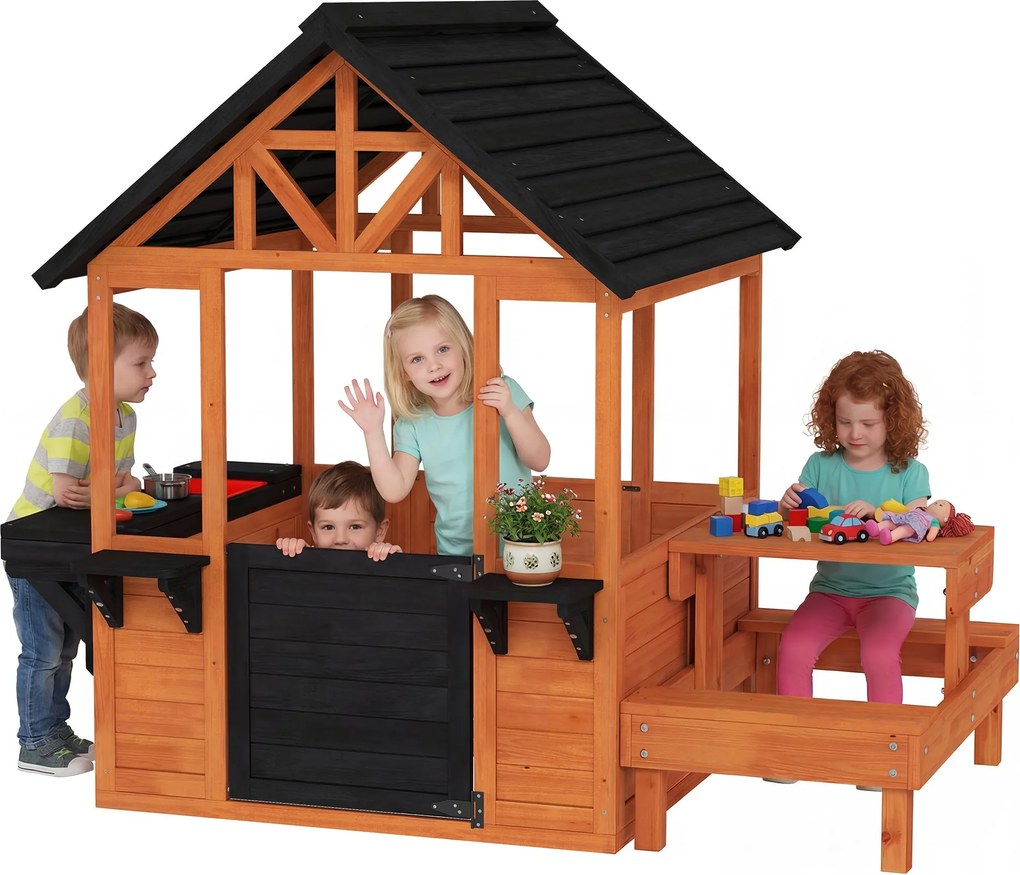 AIYAPLAY dřevěný zahradní domeček pro děti — stůl, lavičky, dřez, dveře, okno a truhlíky, hnědý, 166,3 × 112,5 × 139,7 cm | Aosom