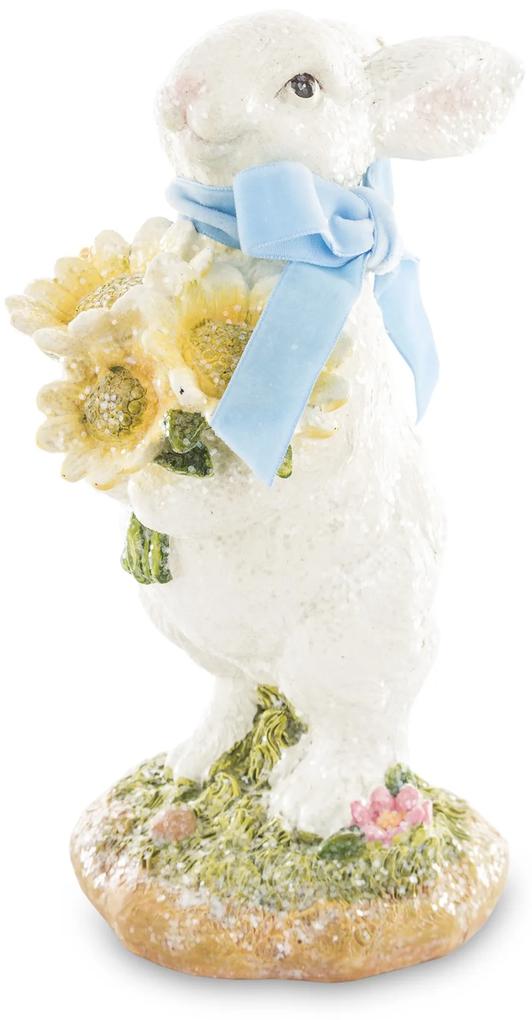 Bílý zajíček s květinou a modrou mašlí 23 cm 144002