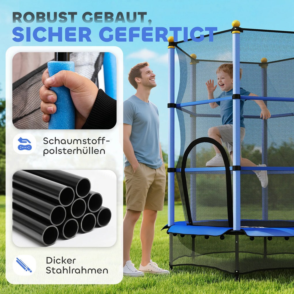 HOMCOM dětská trampolína Ø140 cm, trampolína s ochrannou sítí, kryt hran, zahradní trampolína pro děti 3-10 let, max. zatížení 50 kg, modrá barva