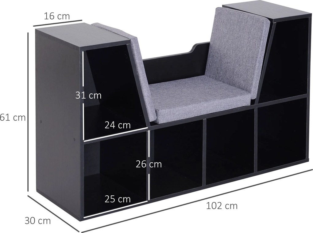 HOMCOM Dvoudílná knihovna s moderním designem a lavičkou, 6 přihrádek a 3 polštáře, 102D x 30Š x 61V cm, Černá Šedá