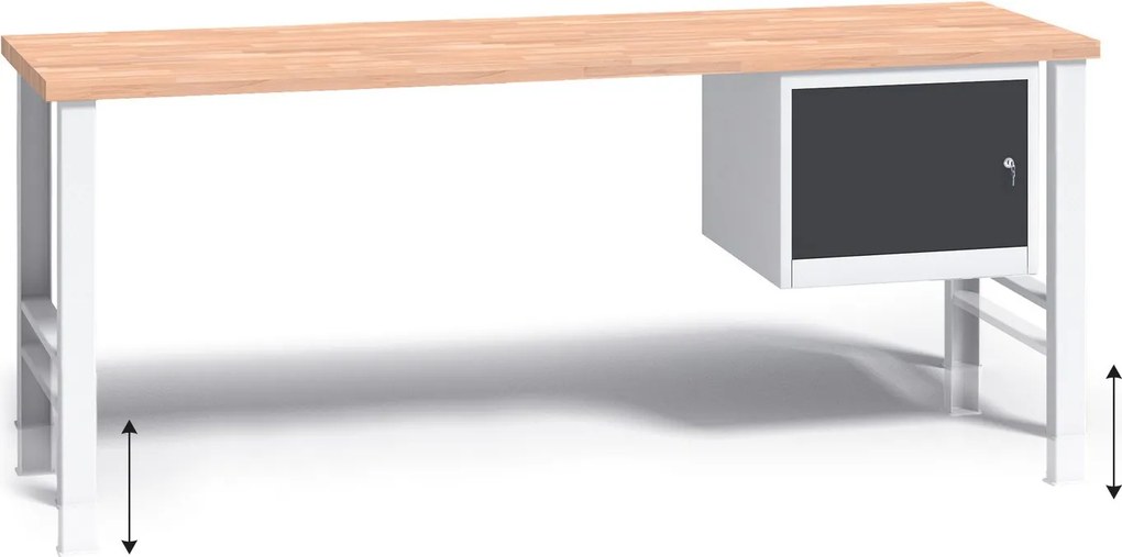 Výškově nastavitelný pracovní stůl do dílny G3 se závěsnou skříňkou na nářadí, buková spárovka, 2000 x 685 x 840 - 1050 mm, grafit
