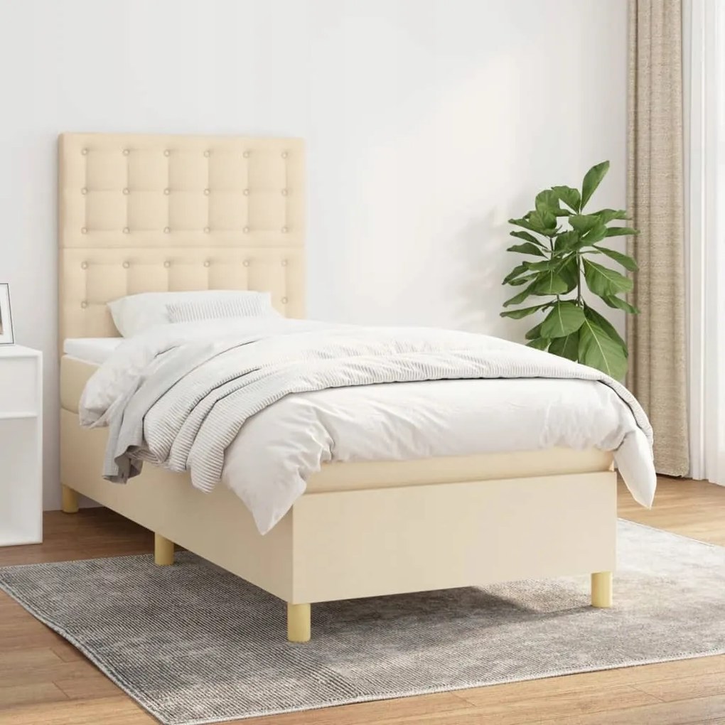 Box Spring Postel S Matrací Textil Krémová tlačítka 90 x 200 cm
