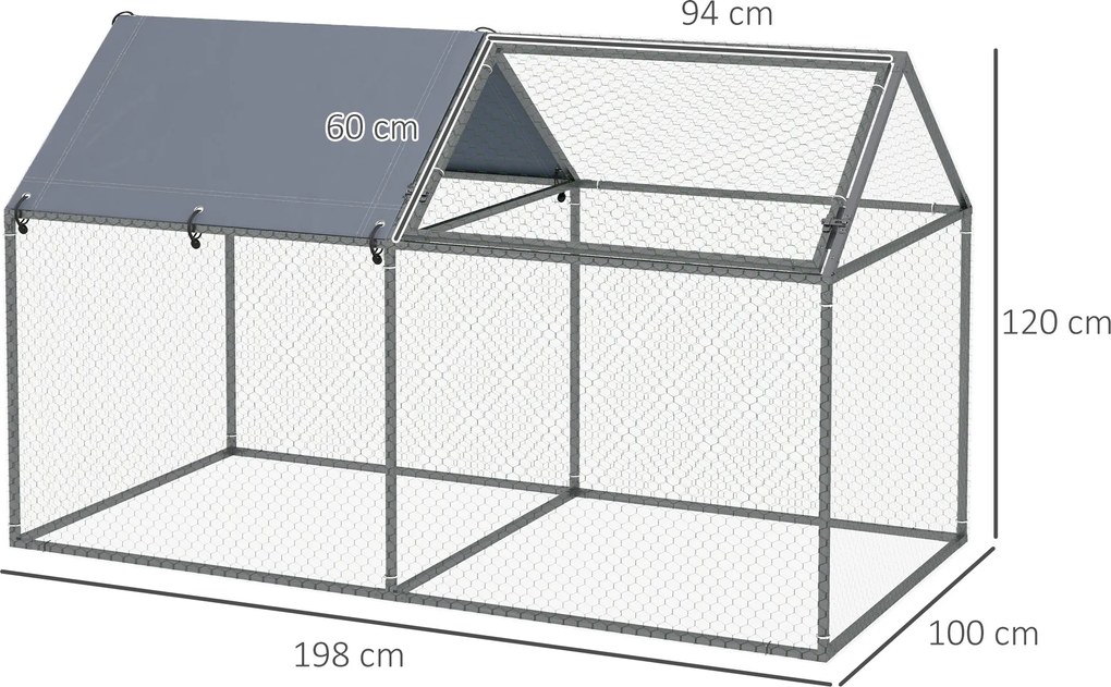 PawHut Malá Kotec pro Hlodavce s Ocelovou Konstrukcí, 1 Vrchními Dveřmi a 1 Fólií proti UV, pro Venkovní Zahradu 198x100x120 cm Stříbrná