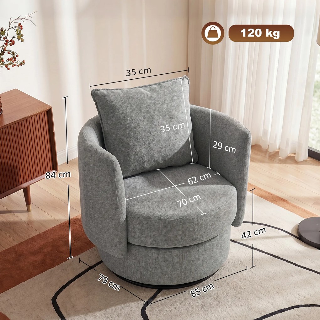 HOMCOM Akcentní židle s 360° otočnou základnou, volnočasová klubová židle z lněné látky s polštářkem, světle šedá