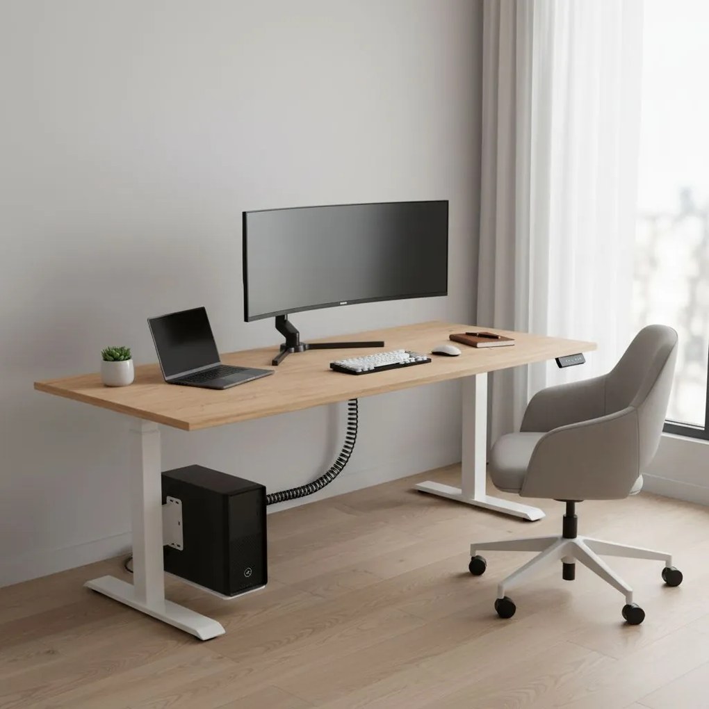 Výškově nastavitelný stůl OfficeTech D, 200 x 80 cm, bílá podnož, dub kraft