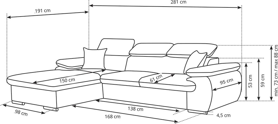 Sedací souprava COOL | 191x281 cm | rozkládací + úložný prostor | LEVÁ | lounge 18 světle šedá