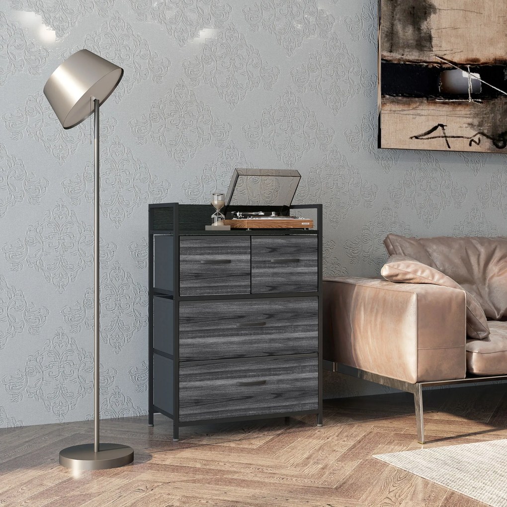 HOMCOM komoda, sideboard, 4 látkové zásuvky, průmyslový design, 60x29x85 cm, černá