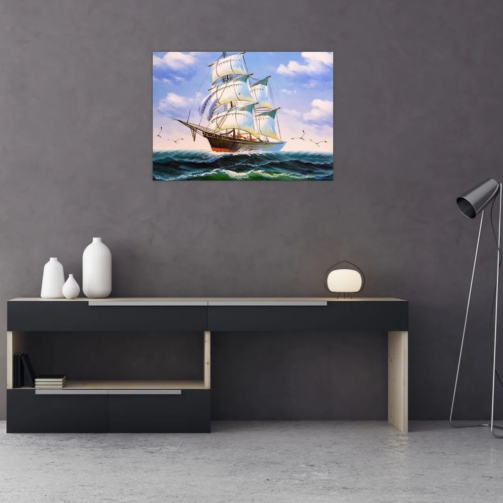 Skleněný obraz lodě na vlnách (70x50 cm)