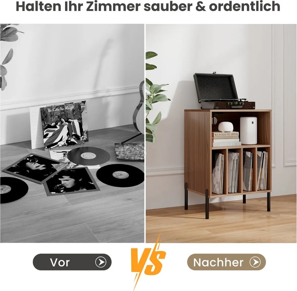 Costway Stolek na gramofon s nabíjením a přihrádkami, hnědý