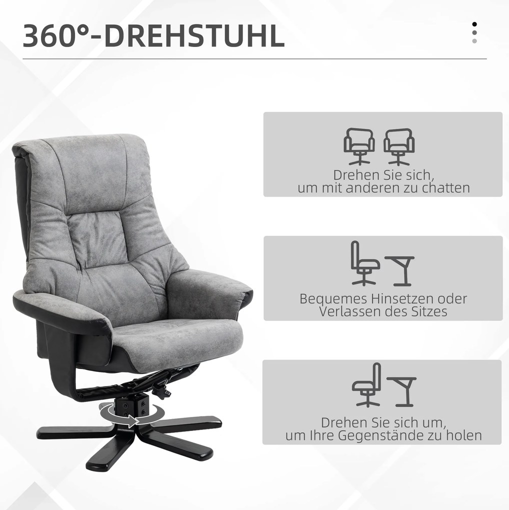 HOMCOM polohovací křeslo s taburetem, otočné TV křeslo s funkcí polohování, mikrovlákno šedé, 78x82,5x109 cm, ideální pro obývací pokoj a relaxaci | …