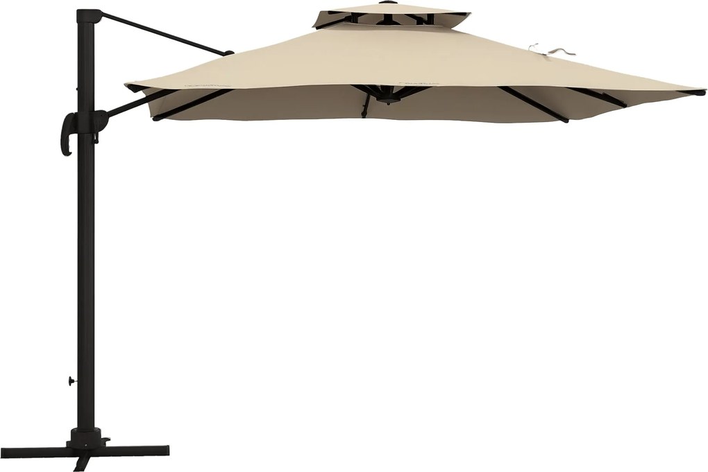 Outsunny Slunečník cca 3 x 3 m s 360stupňovým otočným mechanismem - zahradní slunečník s ručním kličkou pro balkon Alu Khaki | Aosom