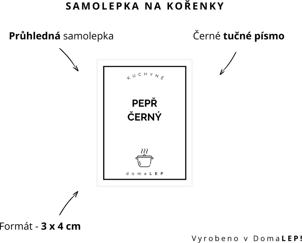 PEPŘ ČERNÝ - Samolepka na kořenky 3 x 4 cm - DomaLEP varianta: PRŮHLEDNÁ - základní písmo