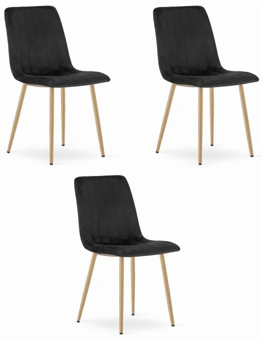 Set tří jídelních židlí LAVA sametové černé / dřevěné nohy (3 ks)