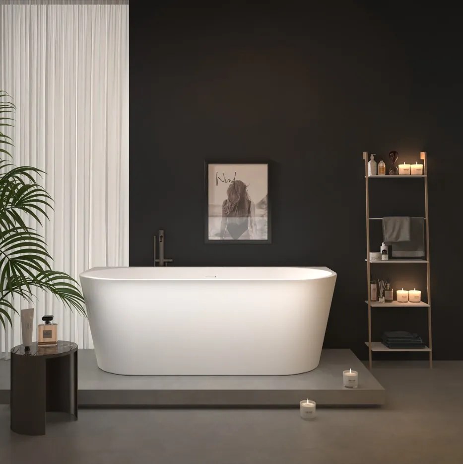 Erga Norah, volně stojící vana ke stěně 150x70 cm + odtoková zátka, bílá lesklá, ERG-NORAH-150070-WH-WH