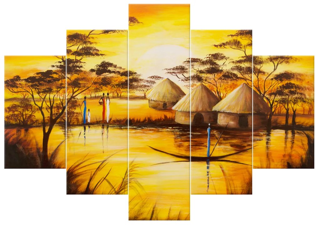 Gario Ručně malovaný obraz Africká vesnice - 5 dílný Rozměry: 100 x 70 cm