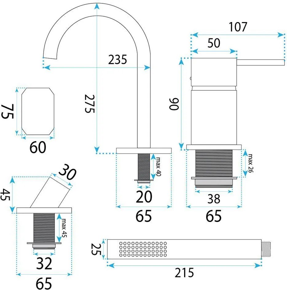 Rea Lungo, 3-otvorová vanová baterie s ruční sprchou, 275 mm, bílá, REA-B2261