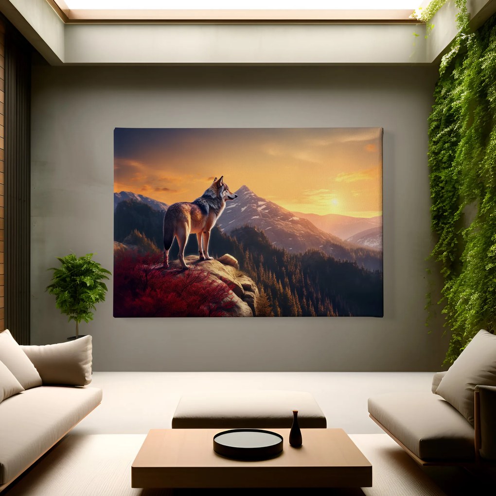 Obraz na plátně - Vlk na skále zkoumá svůj rajon FeelHappy.cz Velikost obrazu: 180 x 120 cm