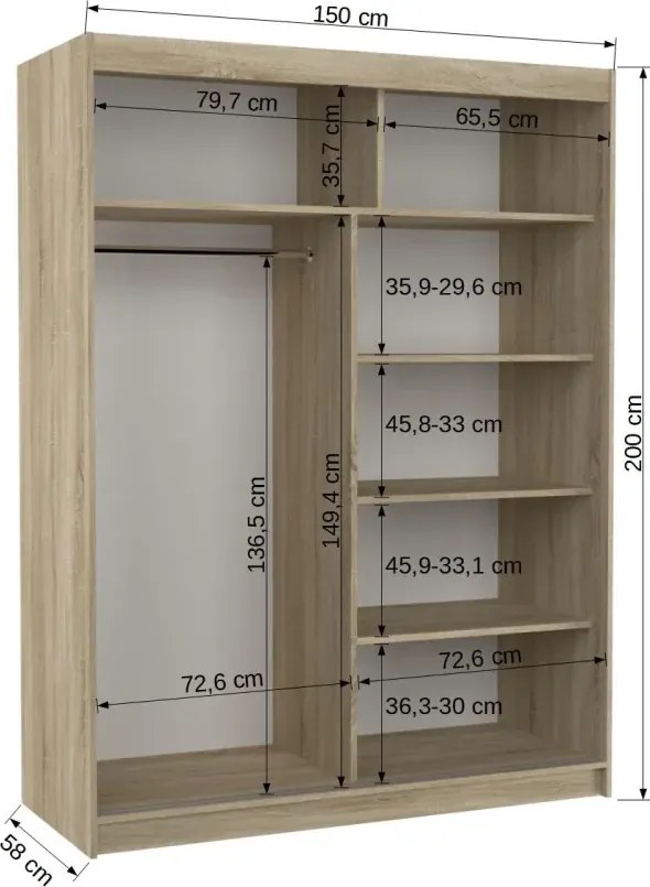 Posuvná skříň se zrcadlem a LED osvětlením CLEVER 150 sonoma
