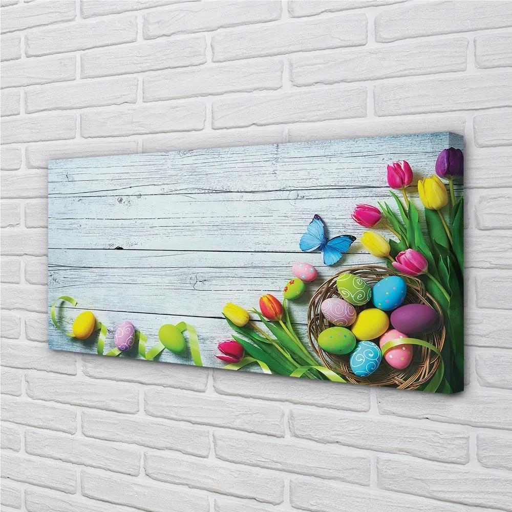 Obrazy na plátně Eggs tulipány motýl 120x60 cm
