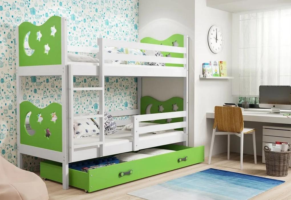 Patrová postel KAMIL 2 + úložný prostor + matrace + rošt ZDARMA, 80x190, bílý, zelená