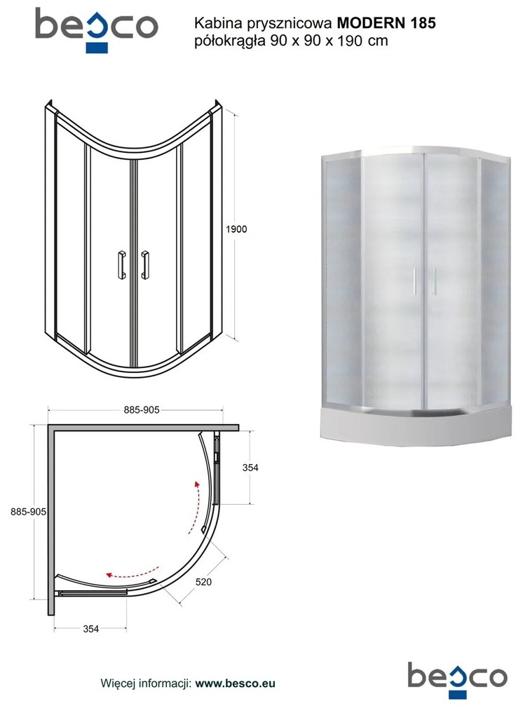 BESCO Čtvrtkruhový sprchový kout MODERN BLACK 190 BARVA rámu - Černá, Rozměr A - 90 cm, Rozměr B - 90 cm, Rozměr C - 190 cm, Směr zavírání - Univerzální Levé / Pravé, Výplň - Čiré bezpečnostní sklo - 6 mm - BCMOD90CTVRTBC