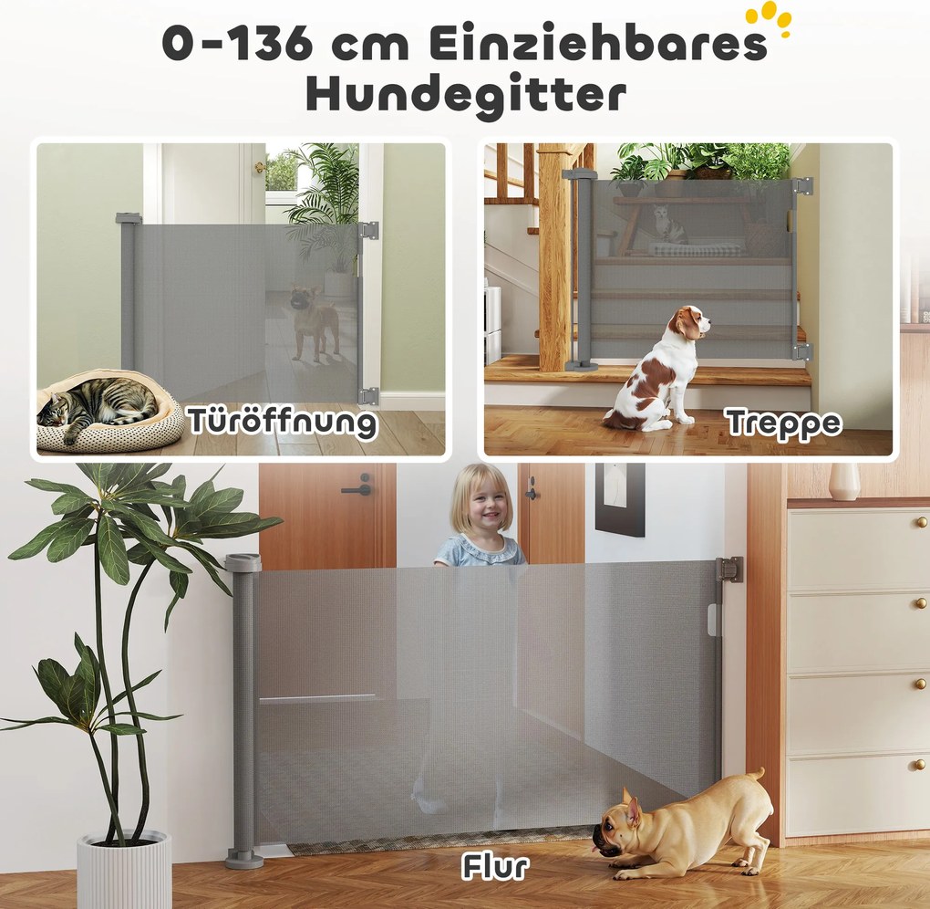 Schodišťová branka Výsuvná 0-136 cm 87 cm vysoká Dveřní bezpečnostní branka pro domácí zvířata 142 x 10 x 87 cm Šedá barva