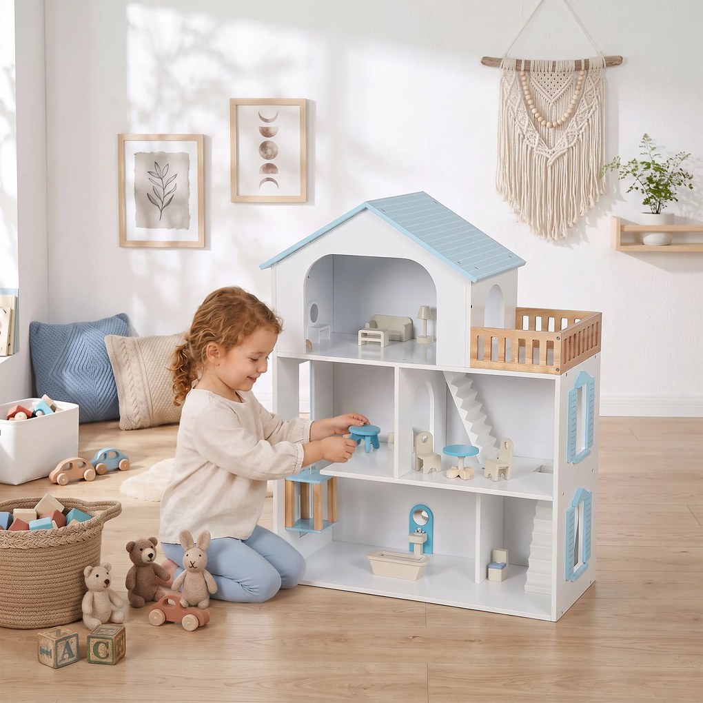 AIYAPLAY Domeček pro panenky 79,5 cm vysoký, 3patrový s výtahem, 13 kusy nábytku, balkón, velký dárek pro dívky od 3 do 6 let, modrý