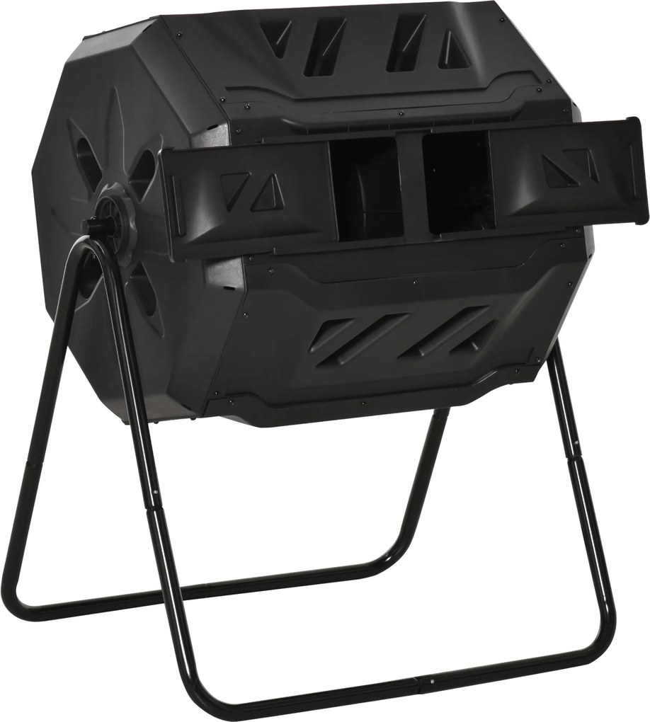 Outsunny 160L Dvoukamerový zahradní rotační kompostér s ventilačními otvory a ocelovými nohami 71x65x96 cm Černý