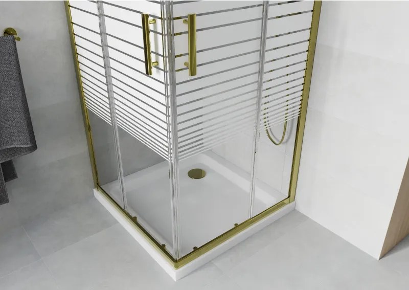 Mexen Rio, čtvercový sprchový kout s posuvnými dveřmi 70 (dveře) x 70 (dveře) x 190 cm, 5mm čiré sklo s pásky, zlatý profil + bílá sprchová vanička SLIM, 860-070-070-50-20-4010G