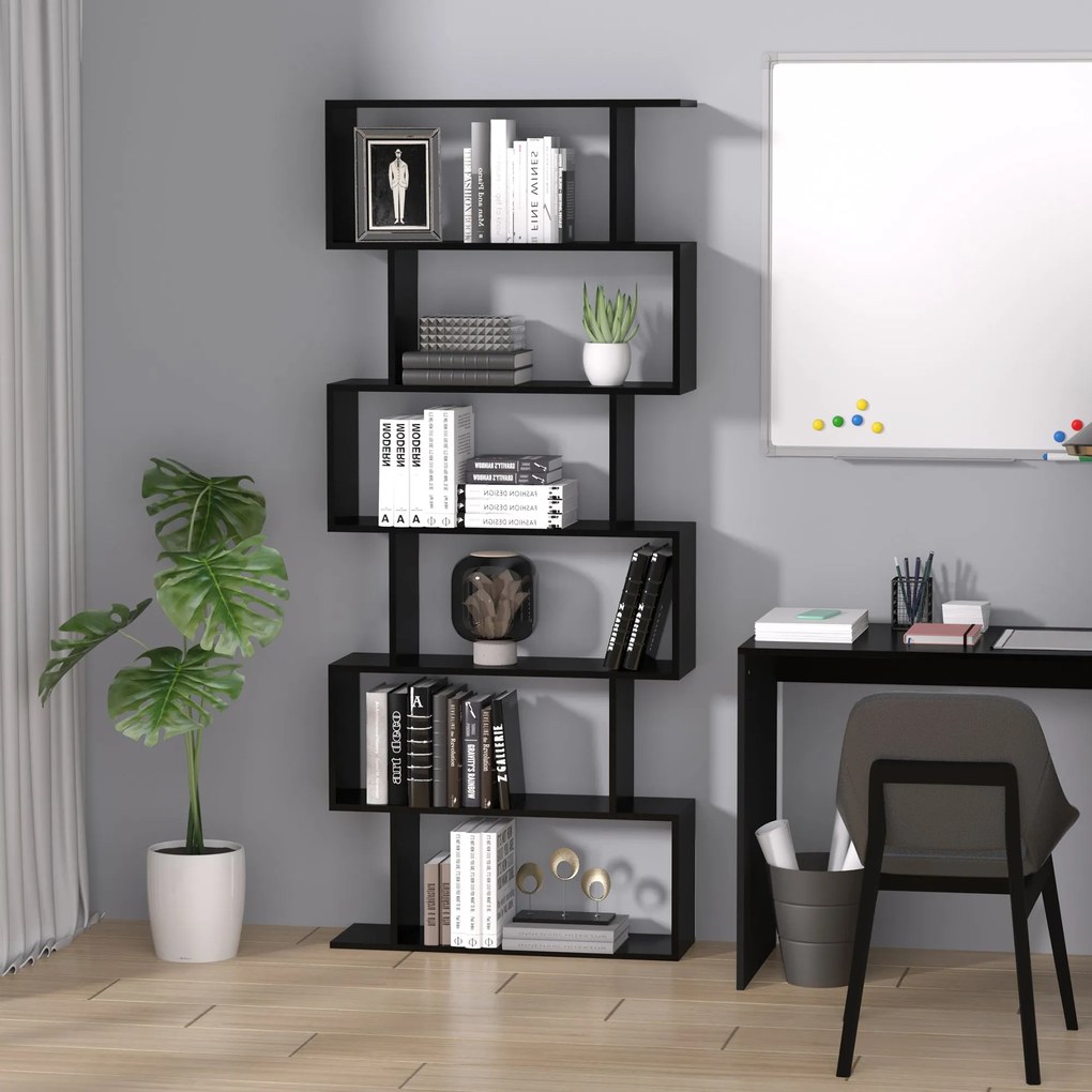 HOMCOM Moderní Knihovna se 6 Policemi pro Jídelnu, Obývací Pokoj a Kancelář 80x23x192 cm Černá