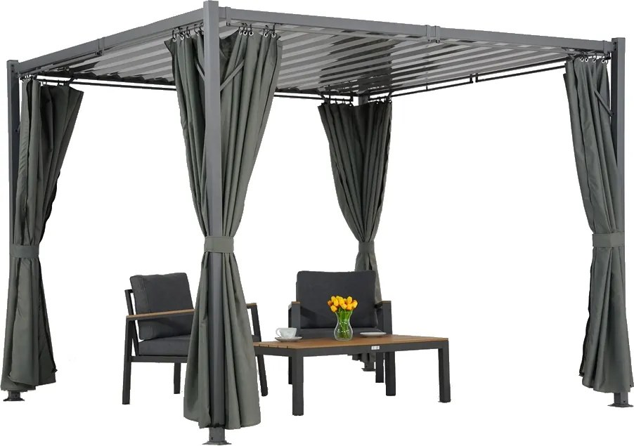 Antracitová pergola Tasos 3x3 m s moskytiérou a závěsy Garden Point