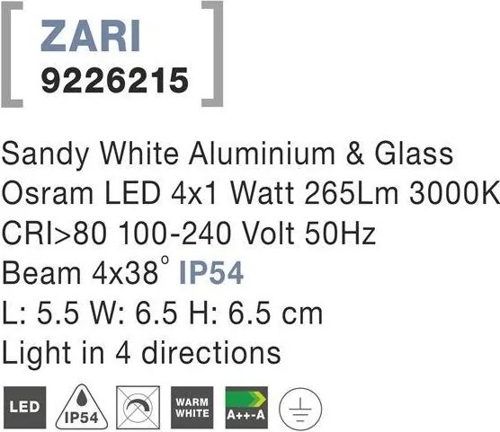 NV 9226215 Venkovní nástěnné svítidlo ZARI bílý hliník a sklo Osram LED 4x1W 3000K 100-240V 4x38st. IP54 světlo ve čtyřech směrech - NOVA LUCE