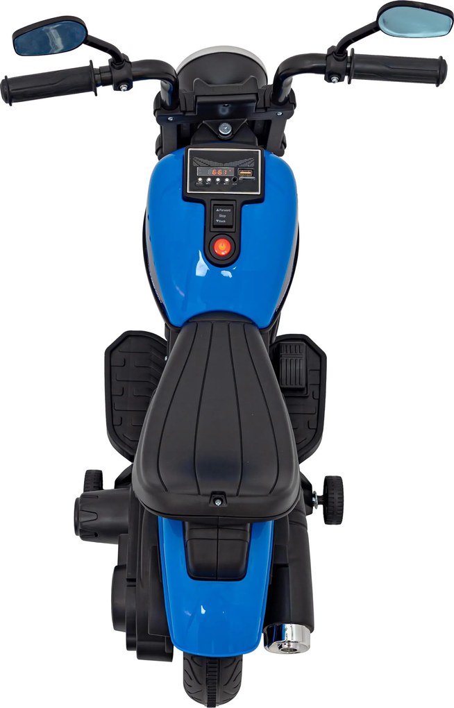 Ramiz Elektrická motorka Chopper FASTER na baterie pro děti modrá + FM rádio + audio panel + LED