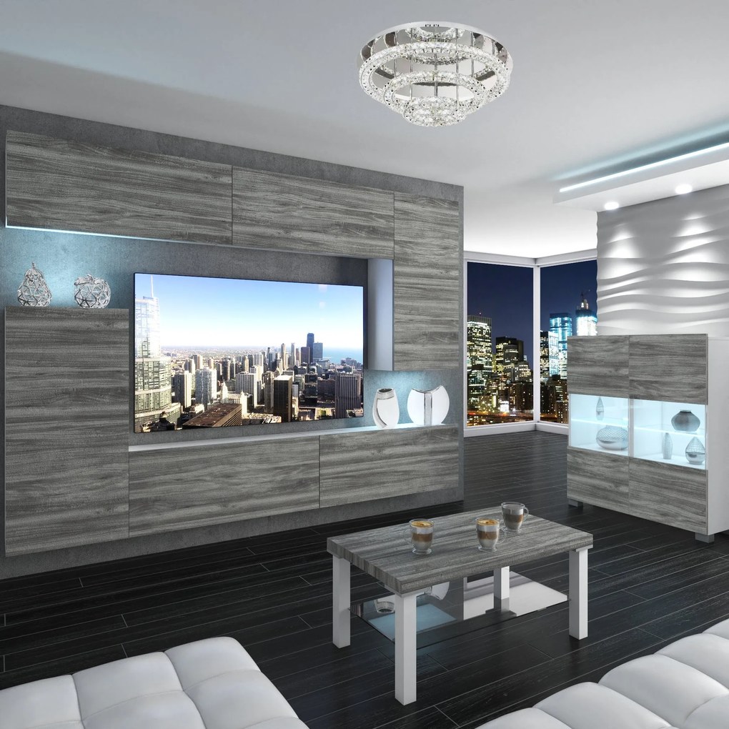 Obývací stěna Belini Premium Full Version  šedý antracit Glamour Wood + LED osvětlení Nexum 128  128 NEX 8/0/W/GW1/0/0/PP