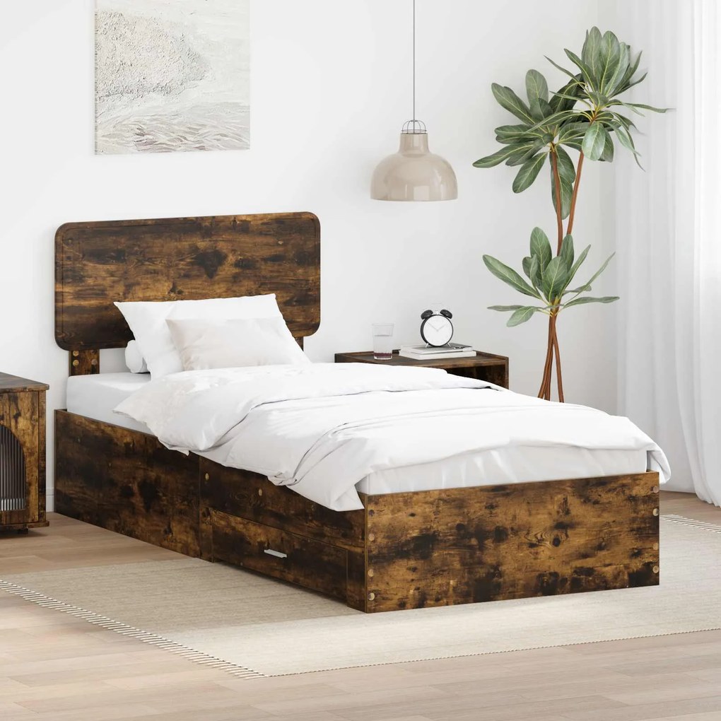 Rám postele s čelo Kouřový dub 90 x 190 cm Kompozitní dřevo 3412431