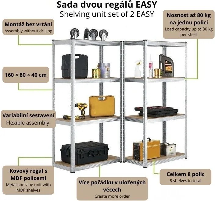 Sada Kovový regál 2 ks 160 × 80 × 40 cm, 8 polic, variabilní