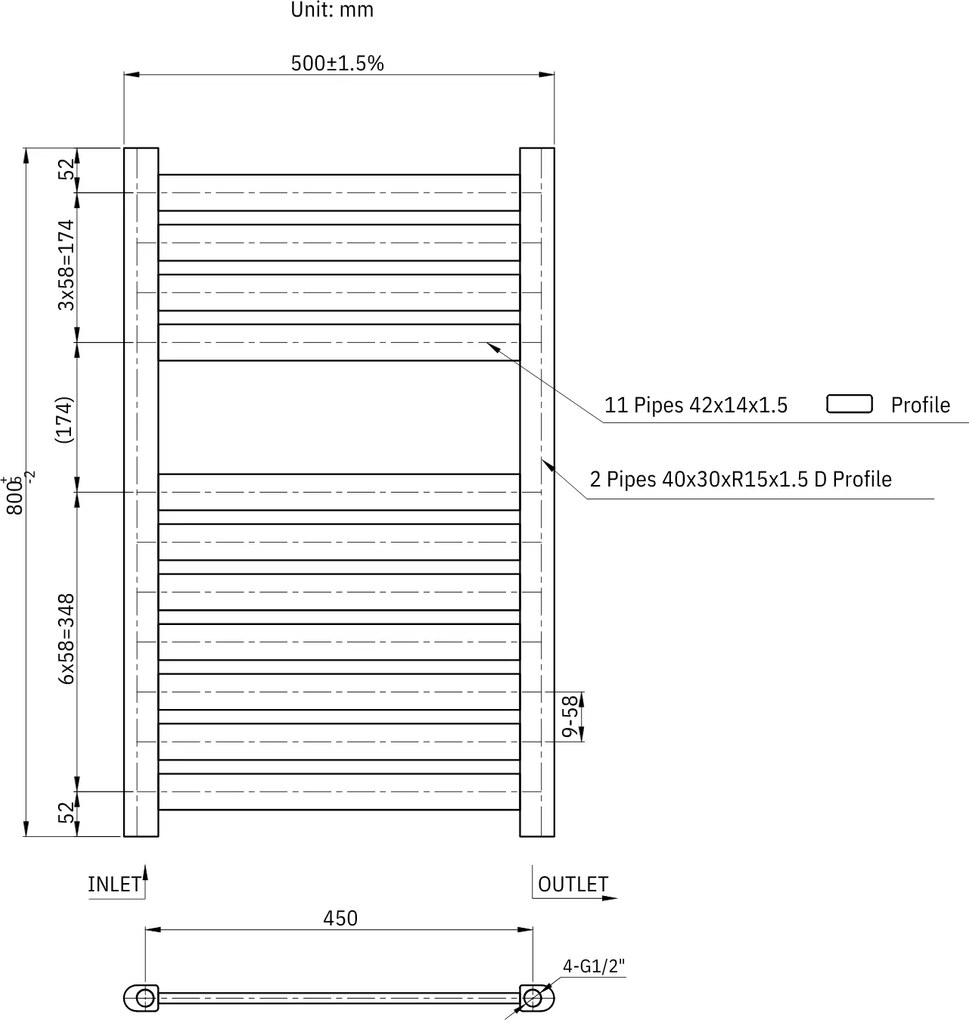 Gamma Artic, topné těleso 500x800 mm, 327 W, zlatá matná, GMA-ARCT-8050-GD