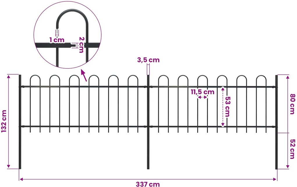 Zahradní plot s obloukem nahoře ocelový 337 x 80 cm černý 277648