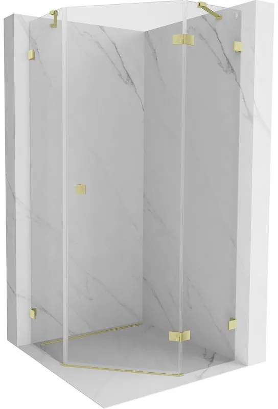 Mexen Lunar, pětiúhelníkový sprchový kout s pravým sklonem 90 x 90 cm, 8mm čiré sklo, zlatý matný profil, 831-090P-090L-55-00-P