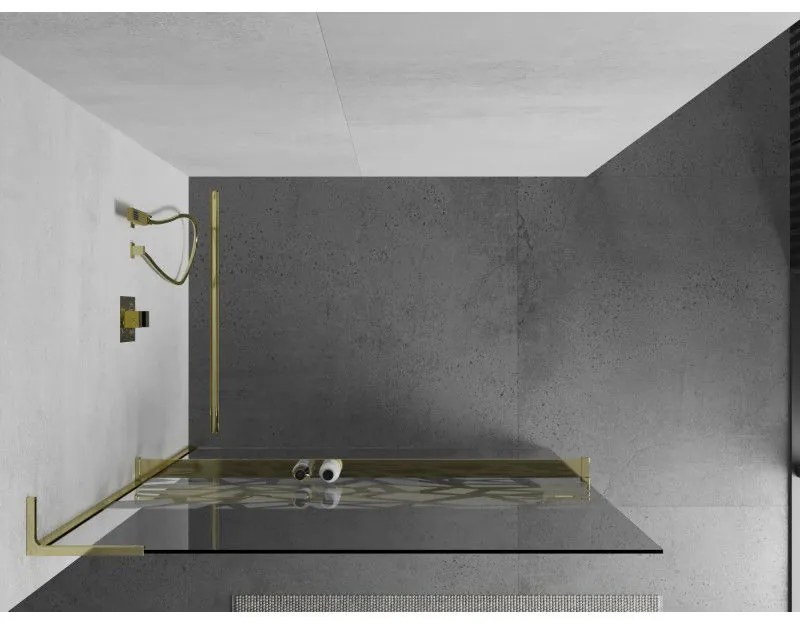 Mexen Kioto+ L, sprchová zástěna Walk-In s poličkou a věšákem 100 x 200 cm, 8mm čiré sklo bílý vzor, ​​zlatý lesklý profil, 800-100-123-50-85