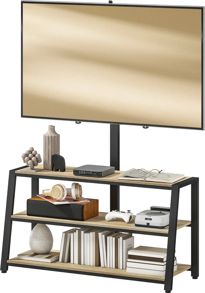 HOMCOM TV nábytek s držákem pro televizory přibližně 81–178 cm, otevřené police, nastavitelný úhel 35°, 108x41x135 cm, přírodní dřevěný vzhled