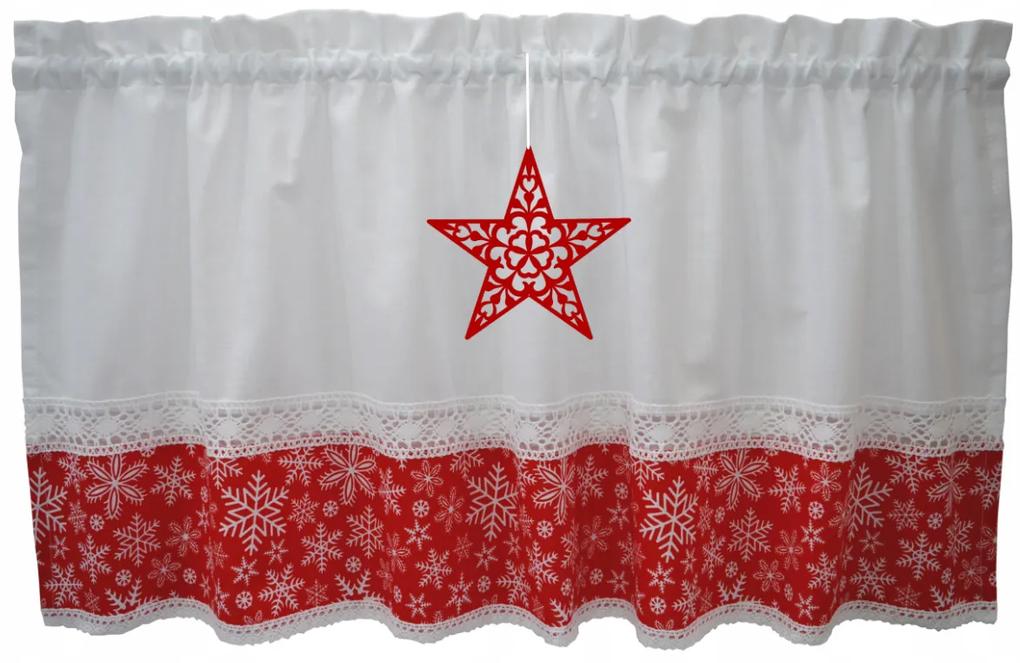 Hotová vánoční bavlněná záclona sněhové vločky s hvězdou, výška 40cm, různé rozměry červená Šířka: 150cm