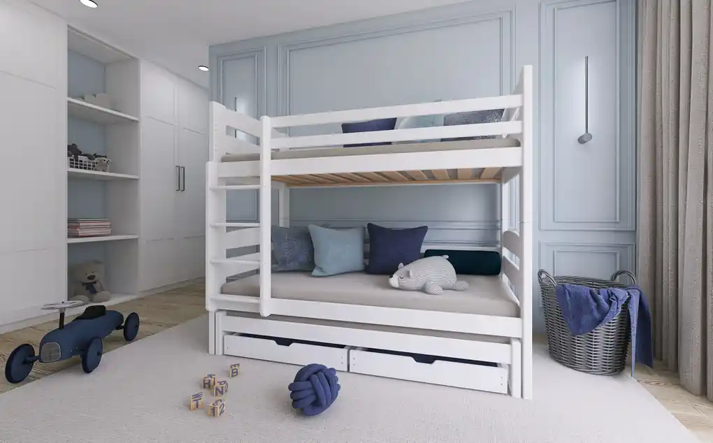 Dětská patrová postel z masivu borovice CYRIL s přistýlkou a šuplíky -  200x90 cm - PŘÍRODNÍ BOROVICE | BIANO