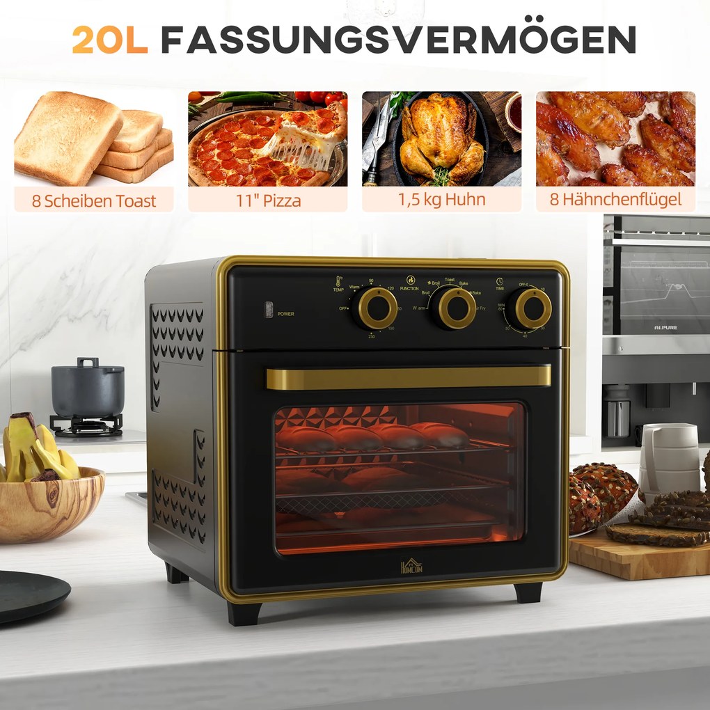 HOMCOM malá trouba 20L 1400W 90-230℃ s časovačem na 1 hodinu 3 polohy roštu Plech na pečení Žehlička Černá 36cm x 37,7cm x 34,5cm | Aosom.de