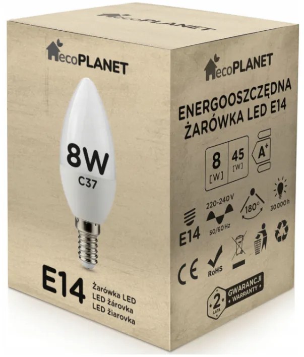 ecoPLANET LED žárovka E14 svíčka 8W 700lm - studená bílá