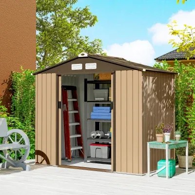 Outsunny venkovní kůlna 2,42 m² 213x130x185 cm se posuvnými dveřmi, větráním a fundamentovým setem, žlutá