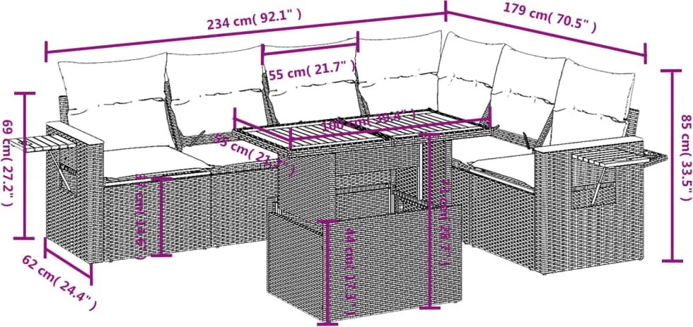 7dílná zahradní sedací souprava s poduškami černá polyratan 3273534