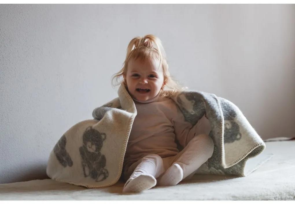 Vlněná deka pro děti s motivem medvídka, šedá, 130x90cm